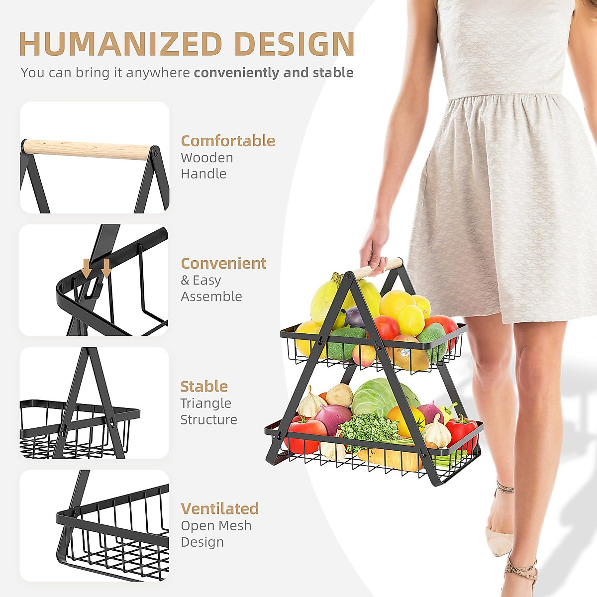 Foensc 2 Tier Fruit Basket, Upgraded Fruit Bowl, Detachable Metal Fruit Holder Vegetable Basket for Kitchen Counter, Large Capacity Fruit Storage Stand Organizer for Produce Bread Snack, Black