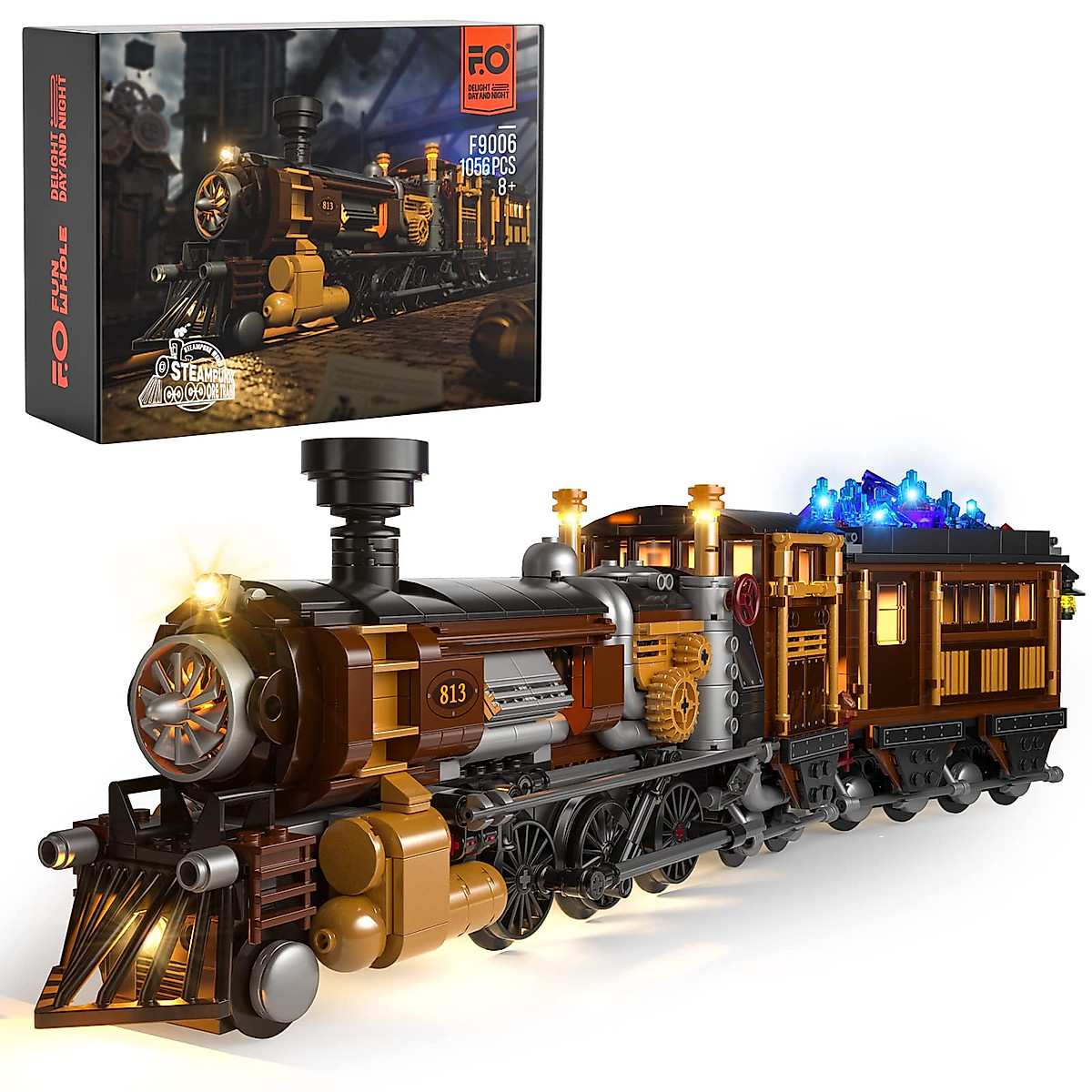 FUNWHOLE Train Lighting Building Bricks Set - Steampunk Ore Train LED Light Building Set 1056 Pieces for Adults and Teens