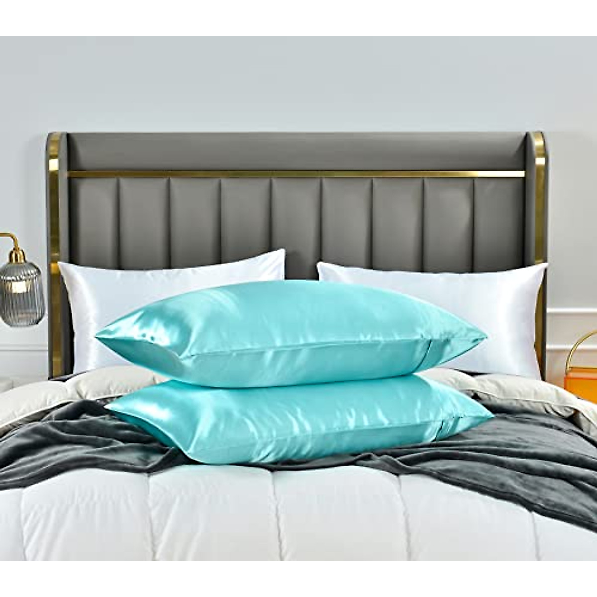 Alexandra's Secret Home Collection Satin Pillowcase for Hair and Skin, Pack of 2 - Feels Like Real Silk Pillow Cover - Satin Pillow Cases Set of 2 with Zipper Closure (Aqua, Standard)