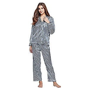 TONY & CANDICE Women's Classic Satin Pajama Set Sleepwear Loungewear (Blue and White Striped, Medium)