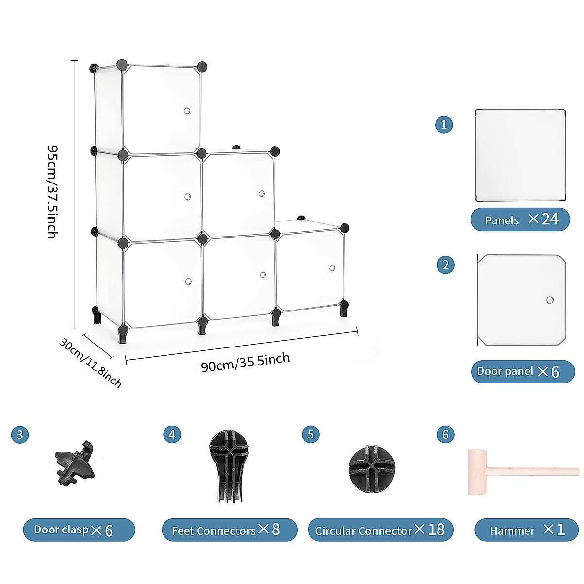 AWTATOS Storage Cube Organizer with Doors, Stackable Closet Shelf for Bedroom, Clothes Shelving Rack, DIY Square 6 Cubes Bookcase, Plastic Space Saver for Home, Living Room, Office, Translucent White