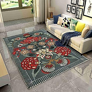 Country Style Area Rugs, 5x7ft, Modern Farmhouse Red Flowers and Green Leaves Traditional Art Rug Non-Slip Low-Pile Dining Room Mat Indoor Accent Carpet for Office Home