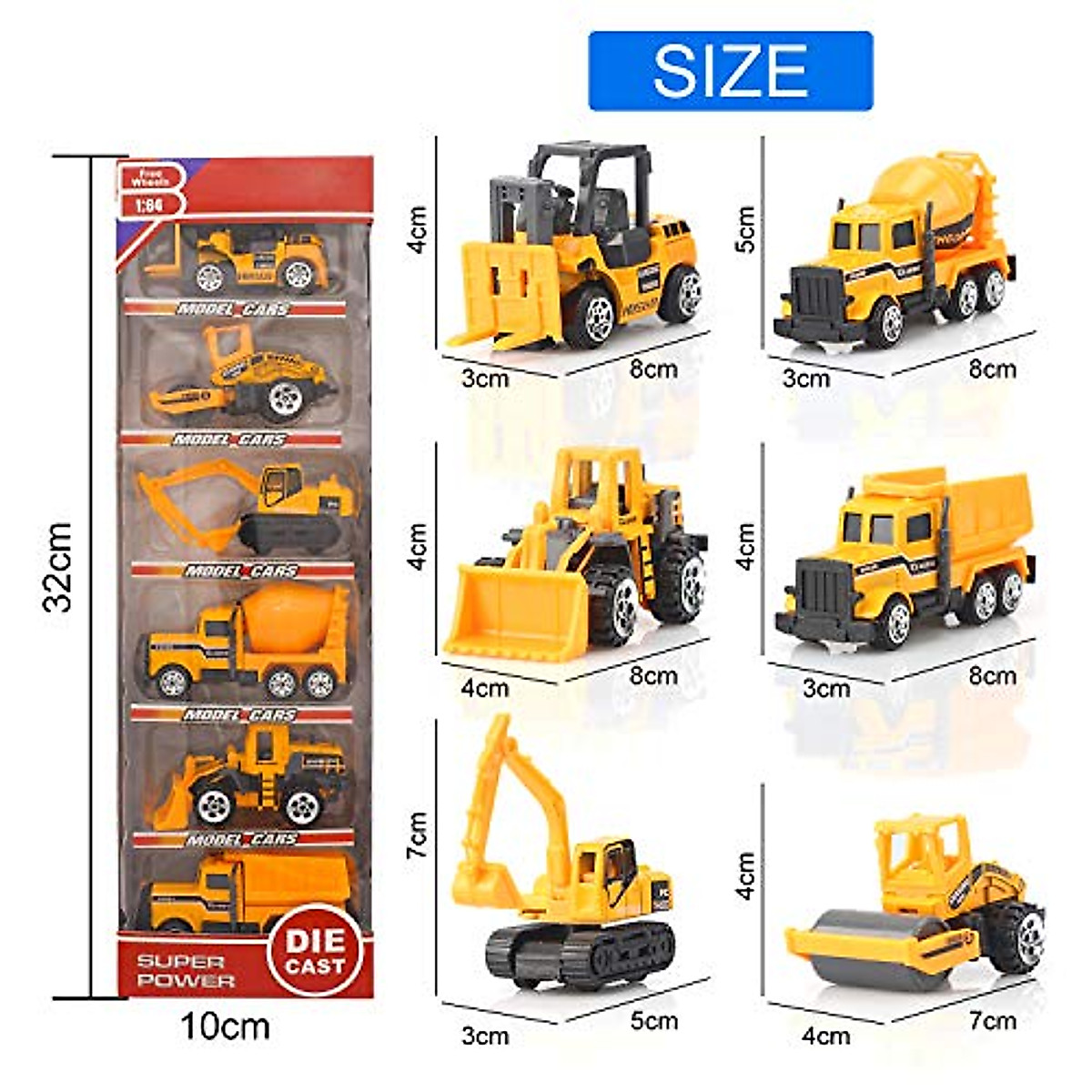 Dreamon Alloy Construcion Trucks for 3 Year Old Boys Birthday Party Cake Toppers for Kids Toddlers Mini Pocket Size Models Play Vehicles Cars Toys (6Pcs Set)