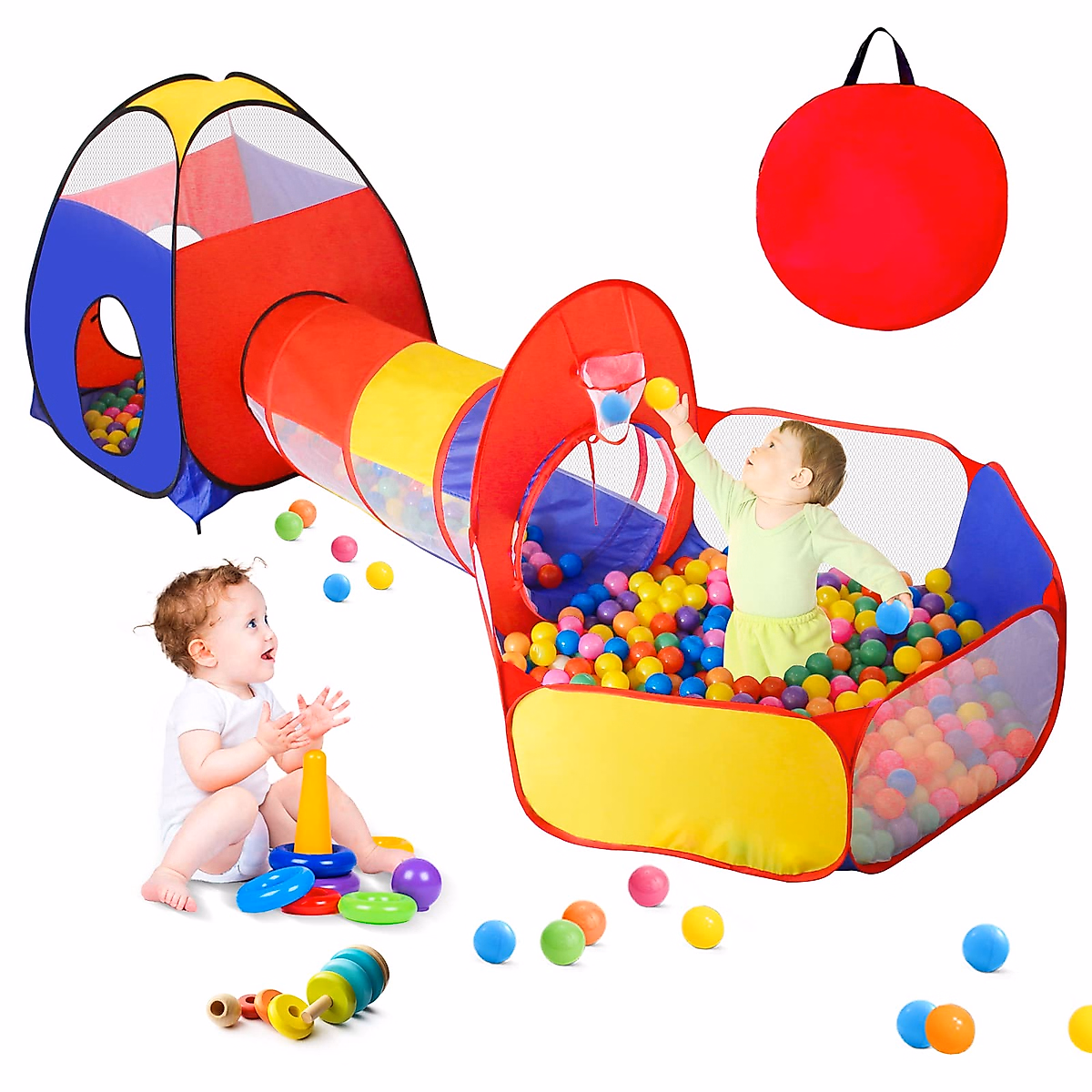 GeerWest 3 in 1 Kids Play Tent for Toddler with Baby Ball Pit and Play Tunnel, Children Indoor Outdoor Playhouse with Climbing Tunnel Toy for Toddlers, Boys and Girls Best Birthday Gifts
