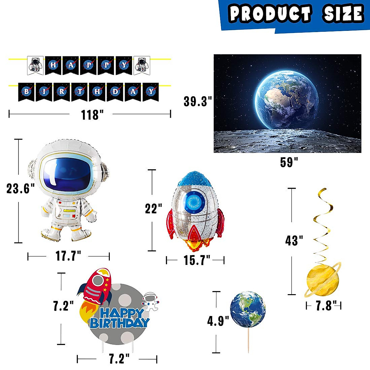 Outer Space Party Supplies, 87Pcs Party Decorations - Rocket Balloons, Solar System Swirl Decorations, Cupcake Toppers, Astronaut Birthday Banner, Backdrops