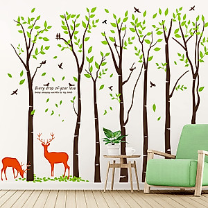 Giant Large Jungle 7 Brown Tree Wall Decal DIY Removable Vinyl Sticker Green Leaf Leaves Birds and Deer Wallpaper for Kids Girl Boy Bedroom Living Room Nursery Rooms Home Offices Walls 118" x 83"