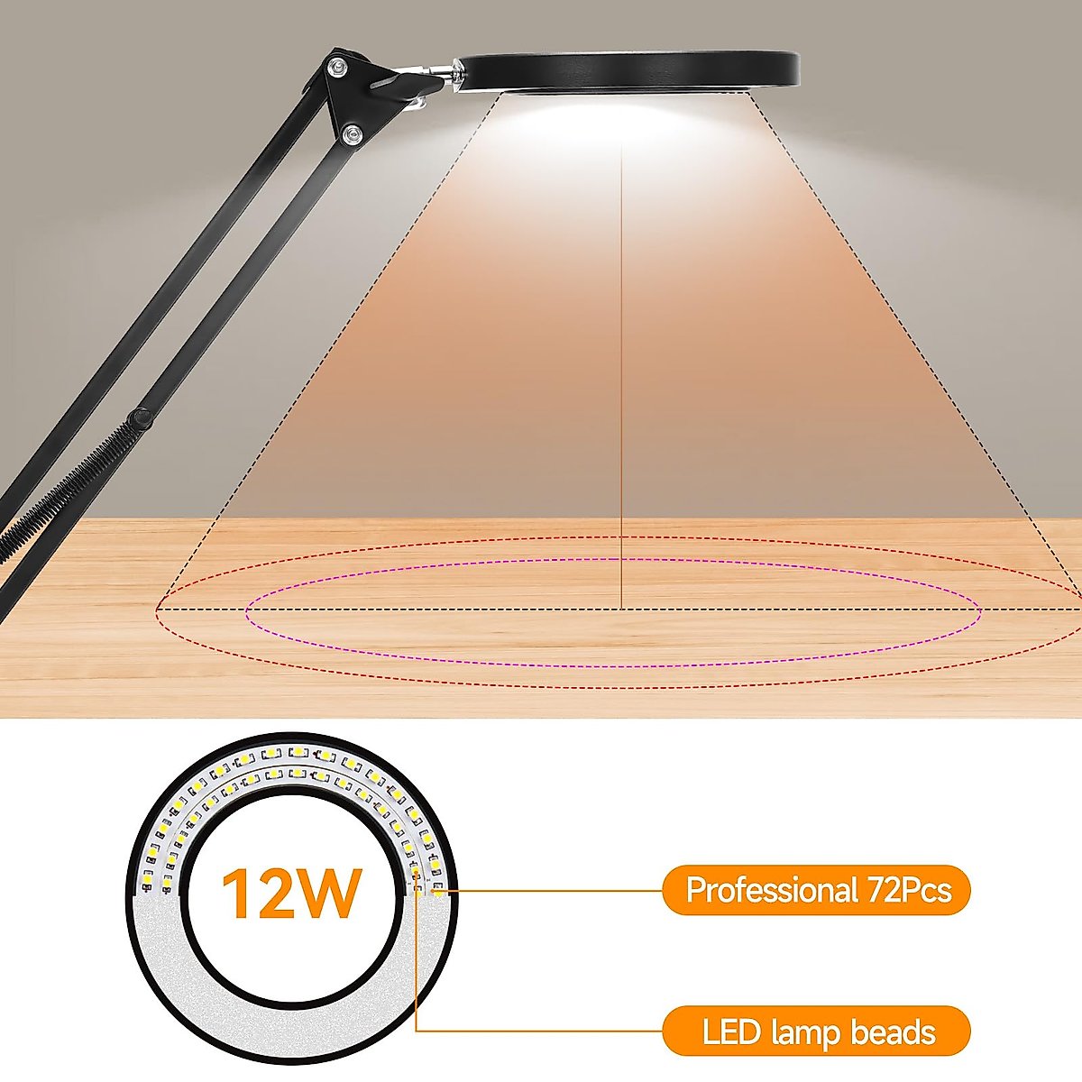 Magnifying Glass with Light and Stand, LAKIX 10X Lighted Magnifying Glass with 72 LED Lights, 3 Color Modes Lighted Magnifier & Adjustable Arm for Reading, Craft, Painting and Close Work (Black)