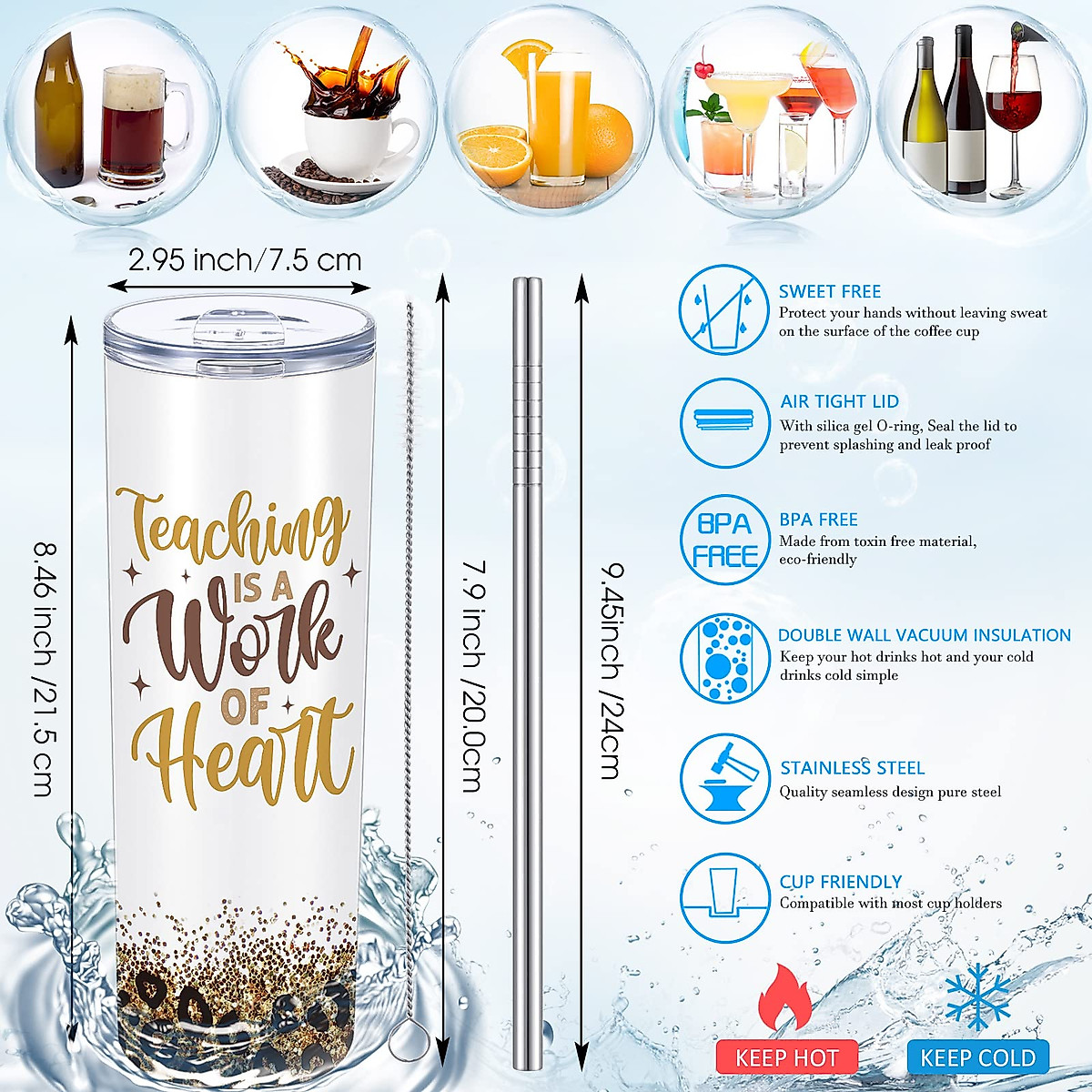 Gerrii 3 Pcs Teacher Appreciation Gifts in Bulk for Women Stocking Stuffers Gifts Tumbler Keychain Makeup Bag Set(A)