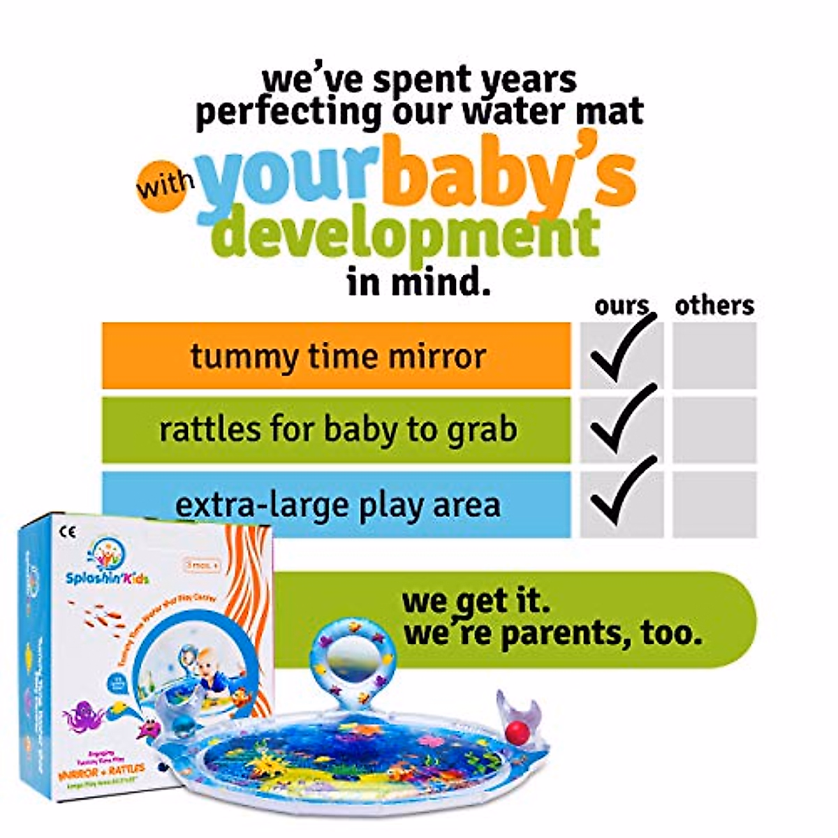 Splashin'kids Inflatable Tummy Time Premium Water mat with Mirror and rattles Infants Toddlers The Perfect Fun time Play Activity Center Your Baby's Stimulation Growth