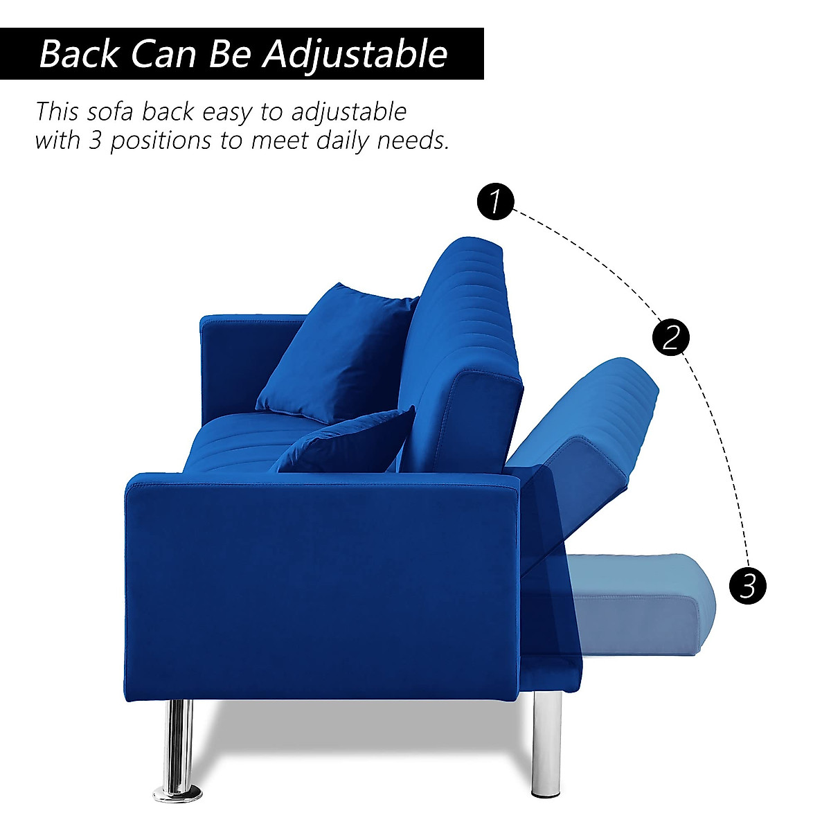 AWQM Sofa Bed, Upholstered Convertible Sofa Bed with 2 Pillows, Modern Velvet Sleeper Sofa Couch with Wooden Frame and Metal Legs, Small Couch for Living Room Bedroom Office (Blue)