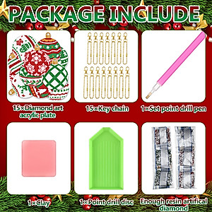 Yuxung 15 Pcs Christmas Diamond DIY Keychain 5D DIY Xmas Diamond Art Kit Hanging Decor Ornament Double Side Diamond Art Christmas Ornament for Art Christmas Craft(Classic)