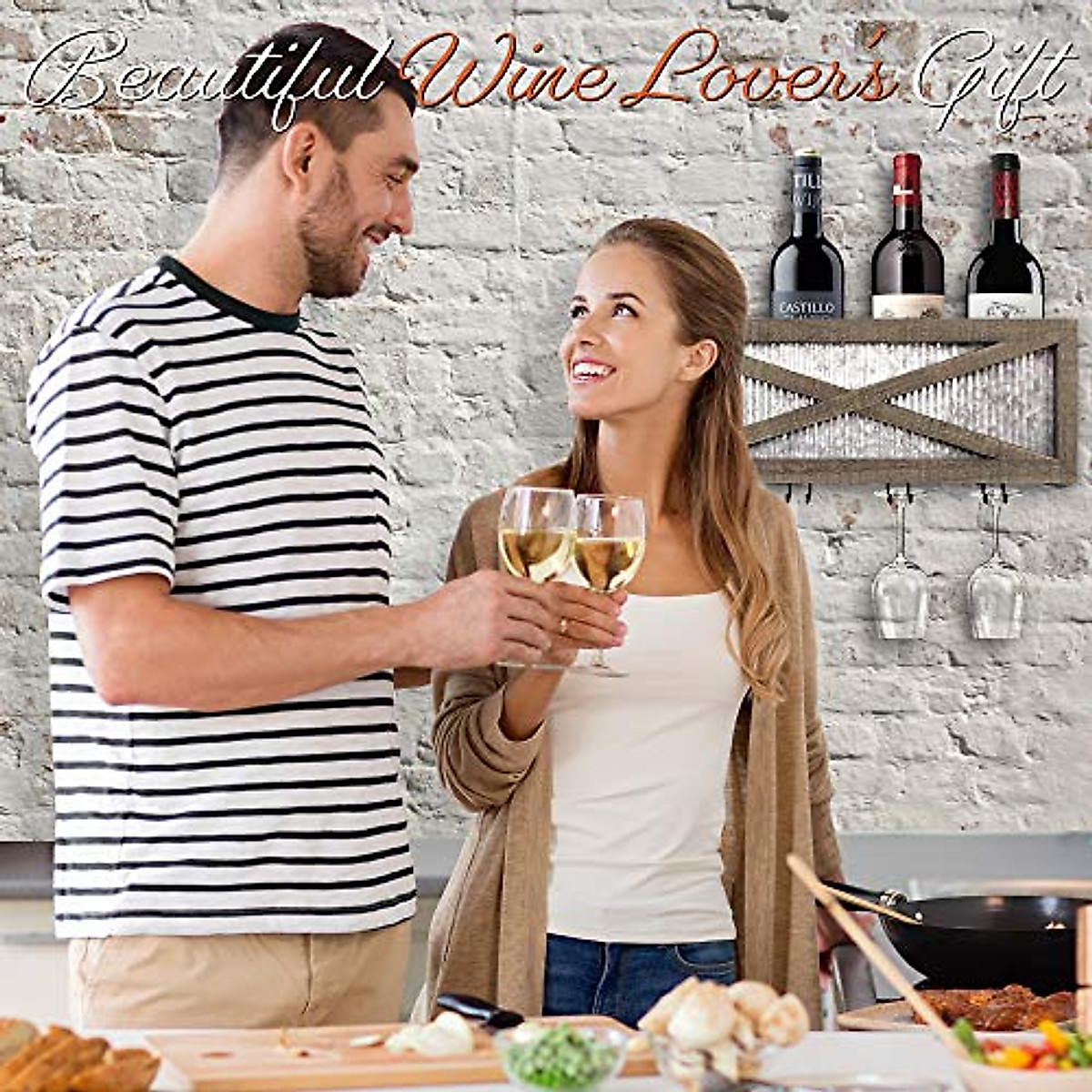 Autumn Alley Rustic Barn Door Wine Rack with Glass Storage - Country Home Decor Rustic Farmhouse for Kitchen, Dining Room – Wood and Metal Wine Wall Mount Storage – Holds 5 Bottles, 4 Stemmed Glasses