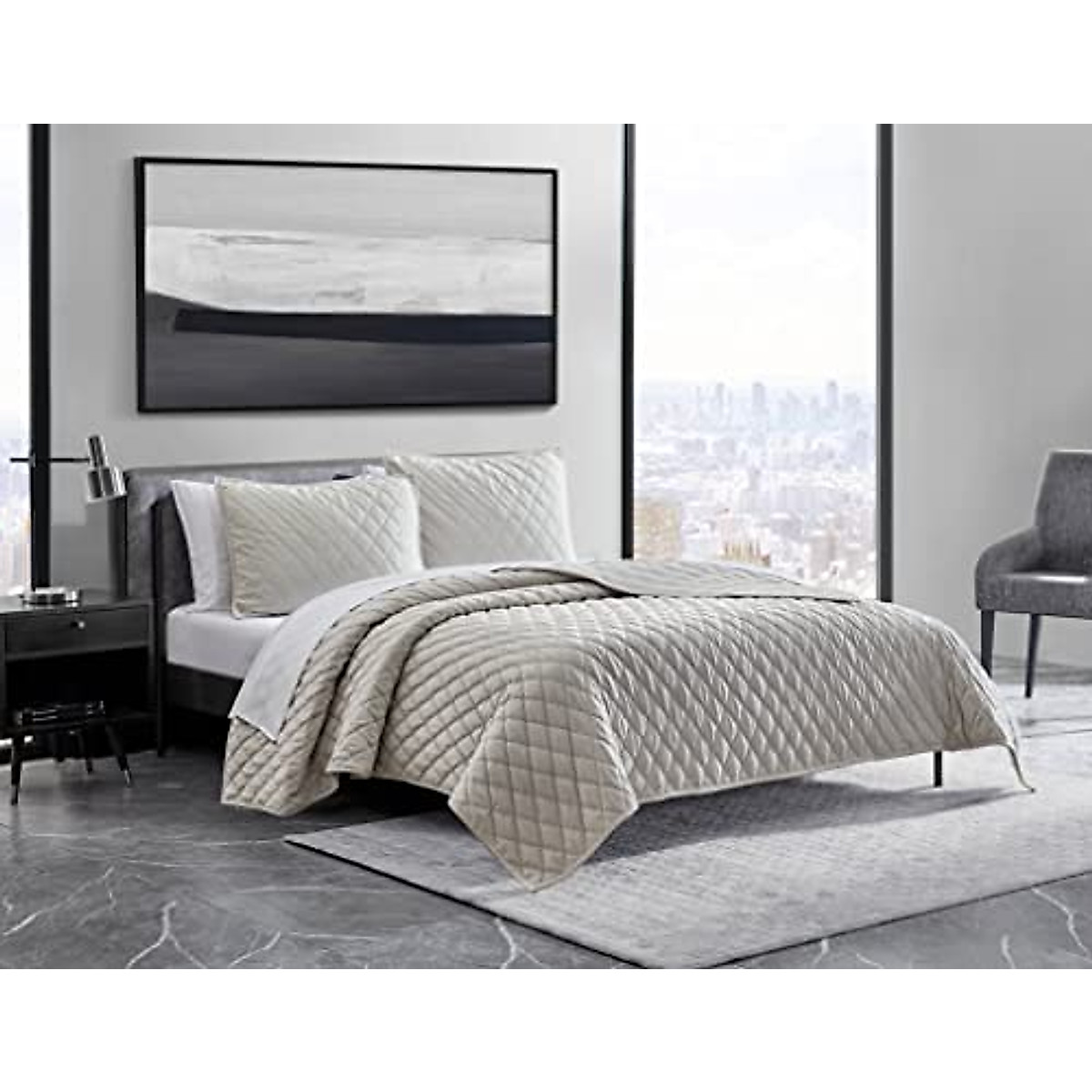 Vera Wang - King Quilt Set, Luxurious Velvet Bedding with Matching Shams, Lightweight Home Decor (Diamond Velvet Natural Ivory, King)