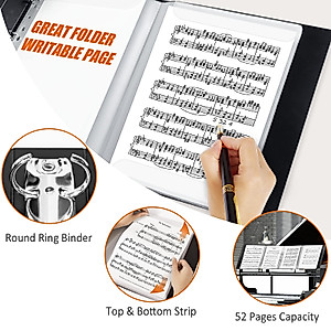 Sheet Music Folder, 8.5 × 11 Music Binder, 4 Page Expand, 52 Pages Capacity, Writable Choir Folder, Black