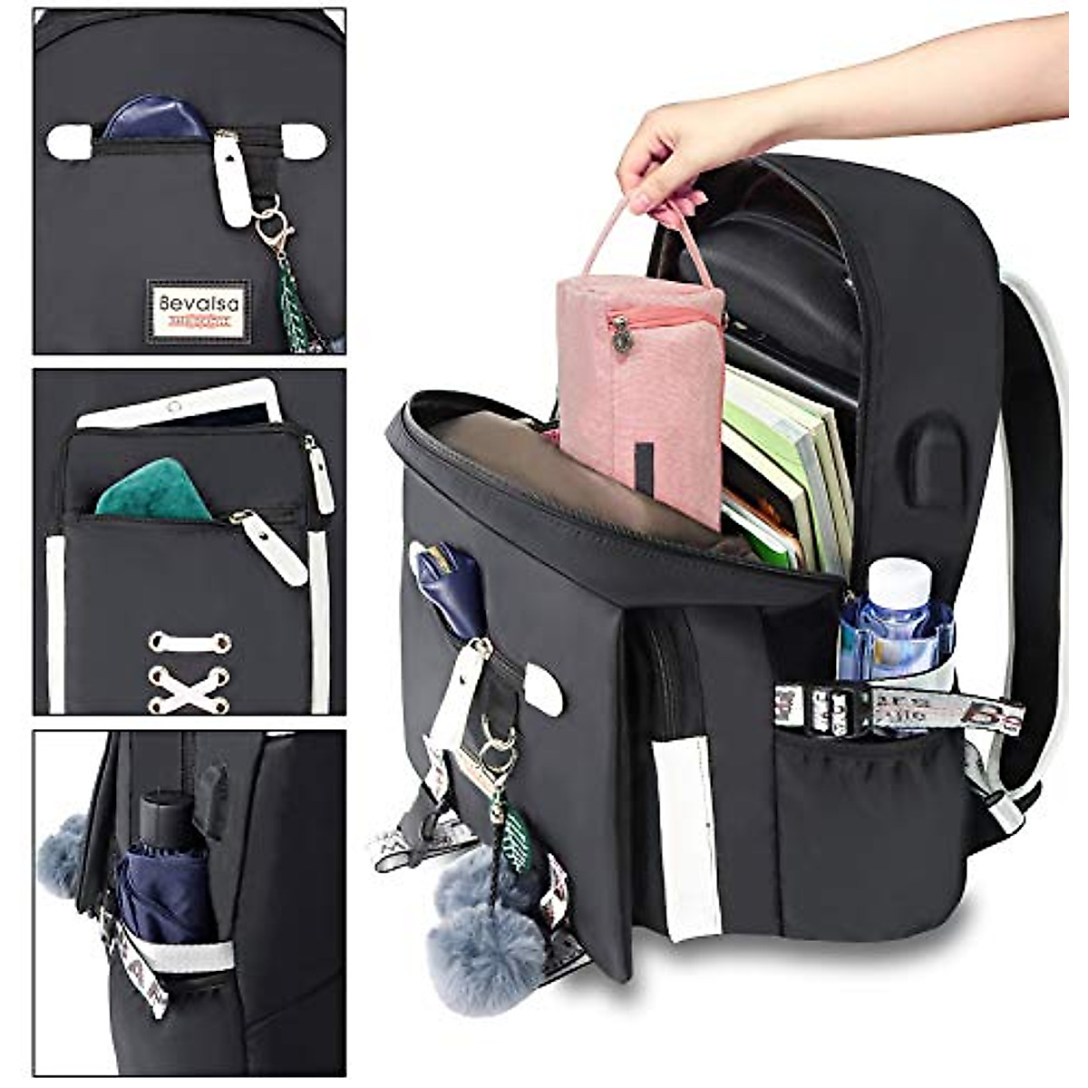 Bevalsa School Backpack for Girls, Girls Backpack with Pen Bag, Bookbag for Girls Kids Elementary Middle High School Student 20L Casual Daypack Children Schoolbag with USB Charging Port (Black)