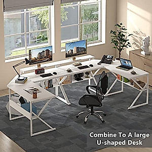 Tribesigns L Shaped Desk with Storage Shelves, 63 inch Industrial Corner Computer Desk with Monitor Stand, Study Writing Table Workstation for Home Office, White