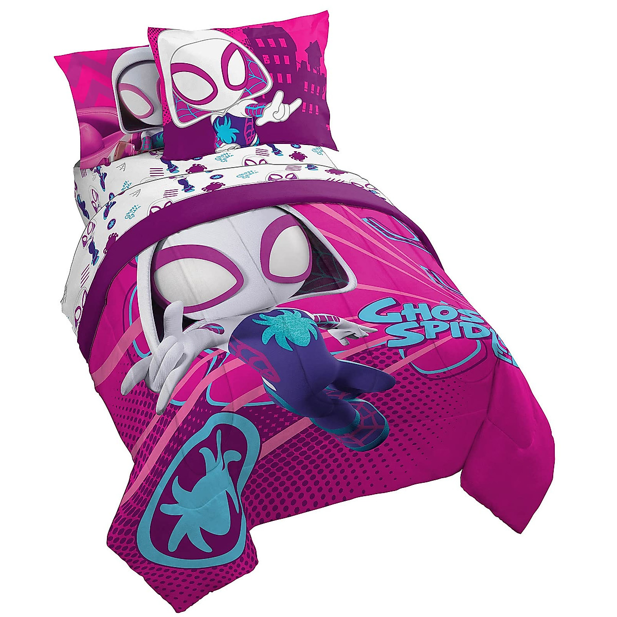 Marvel Spidey & His Amazing Friends Ghost Spider Gwen 5 Piece Twin Bed Set - Bedding includes Comforter & Sheet Set - Super Soft Fade Resistant Microfiber