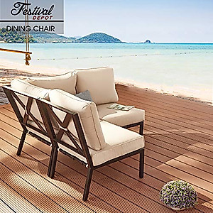 Festival Depot Dining Outdoor Patio Bistro Furniture Corner Chair Sofa Comfort & Soft 4.3" Cushions with Metal Slatted Steel Frame Legs for Garden Poolside All-Weather, 28.3(L)*28.3"(W)*31.5"(H)