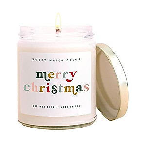 Sweet Water Decor Merry Christmas Soy Candle | Apple Cider, Cinnamon, Fresh Cut Christmas Tree and Cookies Scented Candles for Home | 9oz Clear Jar, 40+ Hour Burn Time, Made in The USA