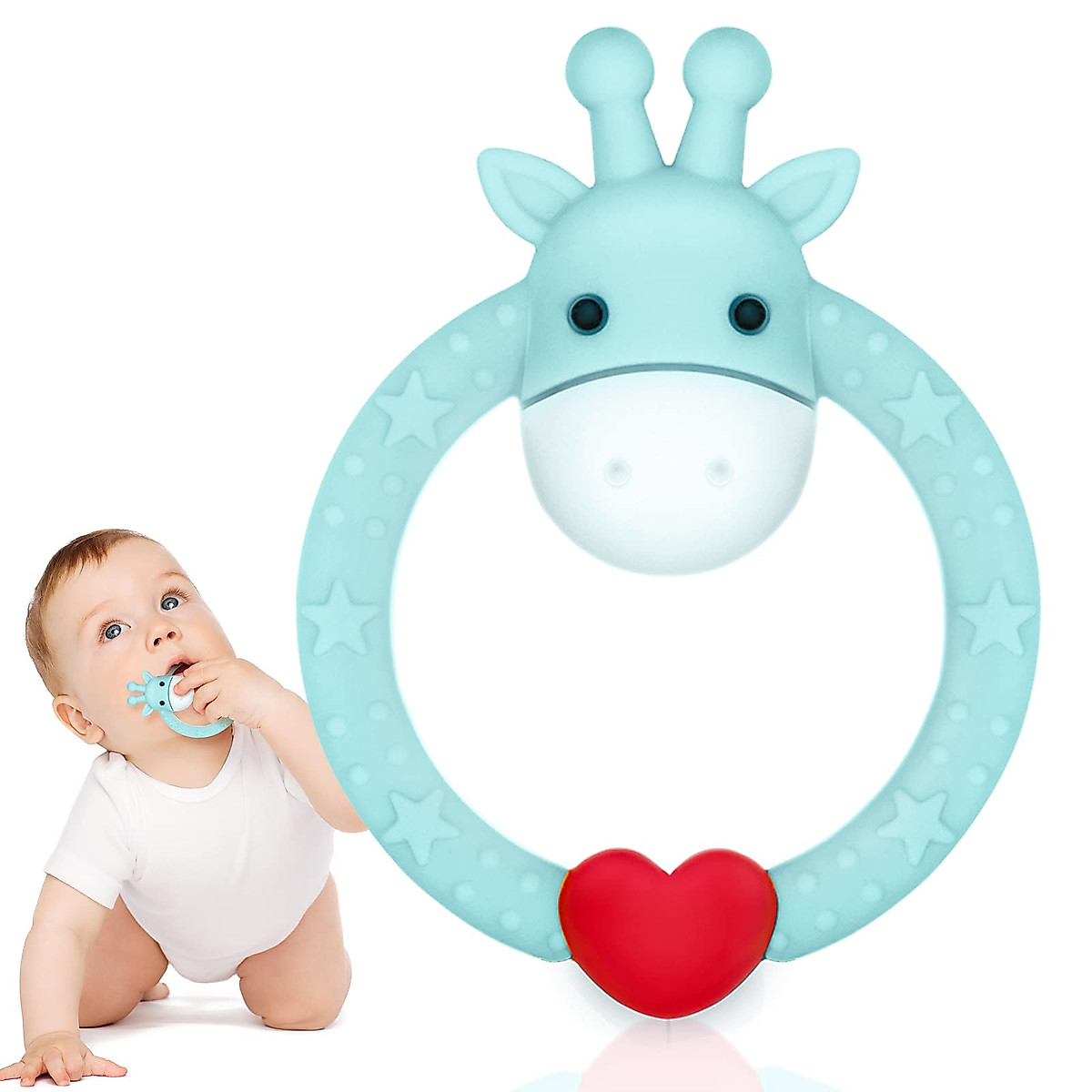SHARE&CARE BPA Free Silicone Giraffe Baby Teether Toy with Storage Case, for 3 Months Above Infant Sore Gums Pain Relief and Baby Shower, Baby Teething Toys (Blue)