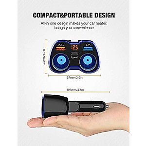 Car Charger, 150W 2-Socket Cigarette Lighter Splitter QC 3.0 Dual USB Ports 1 USB C Fast Car Adapter with Separate Switch LED Voltmeter Replaceable 15A Fuse for GPS/Dash Cam/Phone/iPad