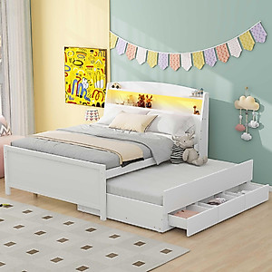Mirightone Full Captain Bed with Trundle and Storage Drawers, Wood Platform Bed with LED Light Headboard, Twin Size Trundle Bed for Kids Boys Girls Teens, White