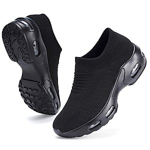 DimaiGlobal Women's Walking Shoes Sock Sneakers Slip On Comfort Mesh Fashion Cushion Lady Girls Modern Jazz Dance Easy Shoes Wedge Platform Loafers Black