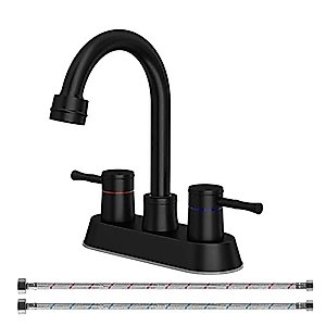 yeulluey Black Bathroom Faucets, 360 Swivel Spout 2 Handle Bathroom Sink Faucet with Water Supply Lines Lead-Free 4 Inch Centerset Faucet for Bath Basin 2 3 Hole