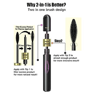 Naseny 2in1 Vibely Mascara 5X Longer Lengthening And Thickening Mascara Waterproof Black Volume And Lengh Mascara Smudge-Proof Non Clumping Long Lasting Eye Makeup