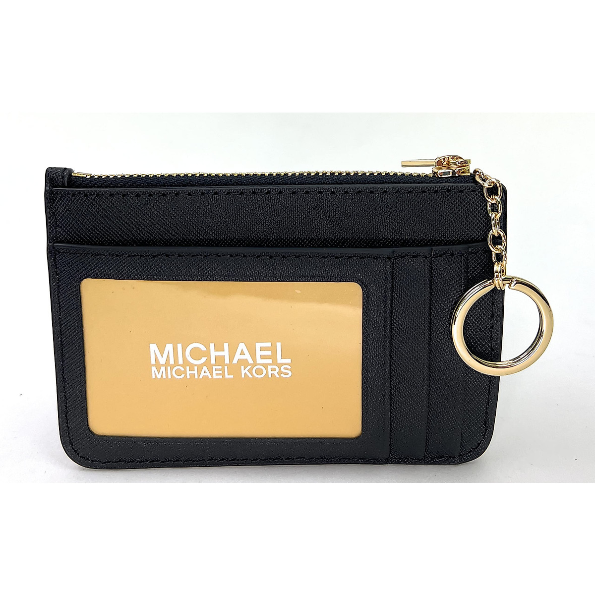 Michael Kors Jet Set Travel Small Top Zip Coin Pouch with ID Holder in Saffiano Leather (Black with Gold Hardware)
