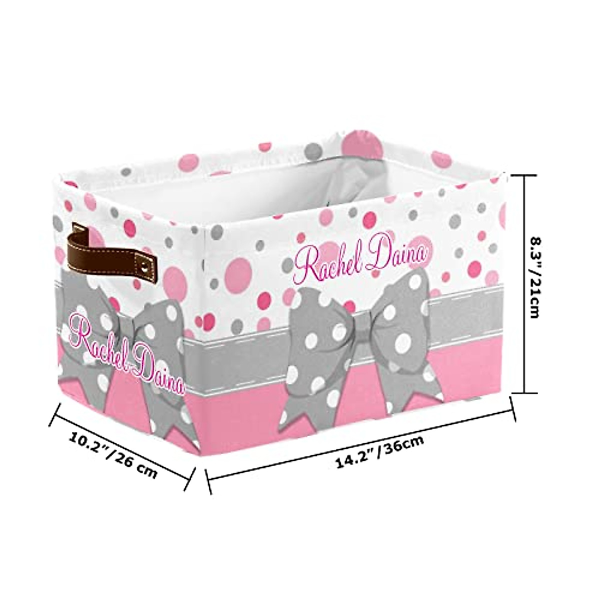 Polka Dots Bow Pink Personalized Storage Bins Basket Cubic Organizer with Durable Handle for Shelves Wardrobe Nursery Toy 1 Pack
