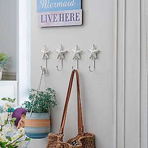 SOFFEE DESIGN Set of 4 Resin White Beach Starfish Coat Hooks, Starfish Retro Friction Process, High Load-Bearing, for Holiday Cottages, Seaside Cottages, Children's Rooms