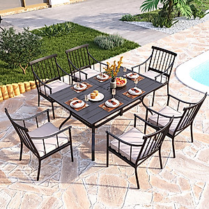 PHI VILLA Outdoor Metal Steel Dining Chairs with Cushion, Black Heavy-Duty Weatherproof Armchairs for Patio, Deck, Yard - Set of 6