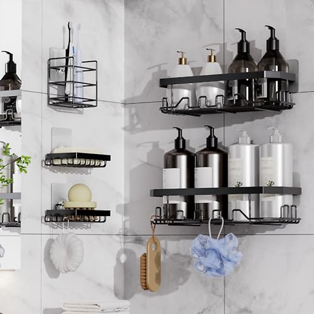 Wekin Shower Caddy Bathroom Organizer, Wall Mount Shower Organizer, No Drilling Rustproof Stainless Steel Self-Adhesive Shower Shelves for Bathroom and Kitchen Storage 5 Pack (Black 5 Pack)