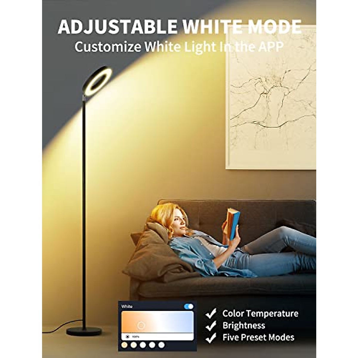 XMCOSY+ Floor Lamp, 2400LM Smart RGBW LED Standing Lamp with Modern Double-Side Lighting, WiFi APP Control, Works with Alexa, 2700K-6400K Color Changing Dimmable Tall Lamps for Living Room Bedroom