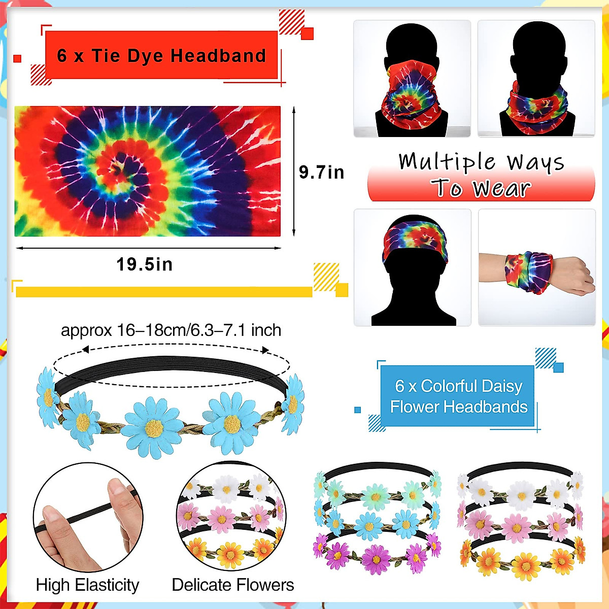36 Pcs Hippie Costume Set 60s 70s Peace Necklaces Sunflower Headband Hippie Sunglasses Bandana Headband Hippie Dressing Accessories