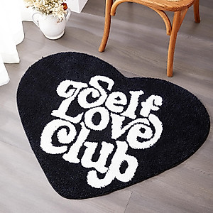 Aldopein Cute Black White Bath Mat for Bathroom Floor Bedroom Aesthetic, Boho Funky Fun Cool Bathroom Rugs Mat Non Slip Washable, Self Love Club Plush Heart Shaped Indoor Small Area Rugs, 24’’x32’’