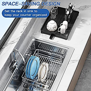 Dish Drying Rack, Aluminum Alloy Dish Racks for Kitchen Counter, Multifunctional Compact Auto-Drain Dish Drainers with a Cutlery Holder, Drying Rack for Dishes, Knives, Spoons, and Forks