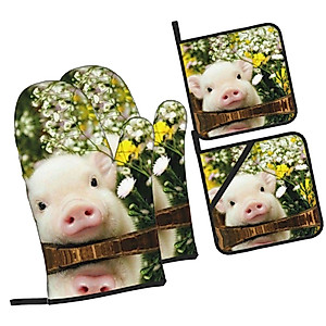 Rape Flower Pig Extra Long Oven Gloves and Hot Pads Set 4pcs for Cooking and Baking with Pockets