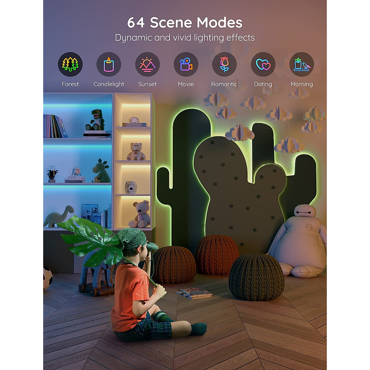 Govee LED Strip Lights, 65.6ft WiFi RGB Strip Lights Work with Alexa and Google Assistant, Smart App Control, 64 Scenes, Music Sync, DIY LED Lights for Bedroom, Kitchen, Party, Living Room, TV