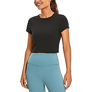 CRZ YOGA Butterluxe Short Sleeve Shirts for Women High Neck Crop Tops Basic Fitted T-Shirt Gym Workout Top Black Medium