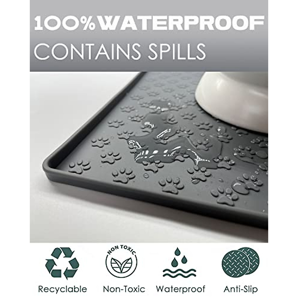 AVYDIIF Silicone Dog Cat Food Mat, Waterproof Slip Resistant Raised Edge Pet Feeding Mats, Pet Bowl Mat Anti-Messy and Prevent Spill on Floor, Dishwasher Safe(L: 24" X 16", Grey)