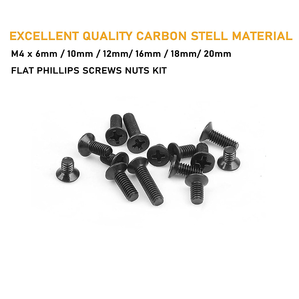 binifiMux M4 Flat Head Screws and Hex Nuts Phillips, M4 Countersunk Machine Screws, 220pcs (6 Sizes) M4-.7mm Black Bolts Nuts Assortment for Tv Stand,Computer Repairing, DIY