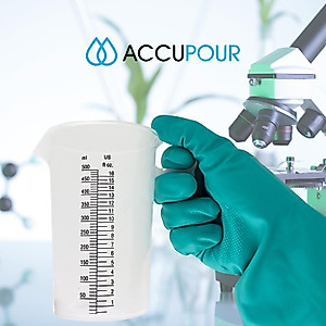 ACCUPOUR Measuring Pitcher, Plastic, Multipurpose - Great for Chemicals, Oil, Pool and Lawn - Ounce (oz) and Milliliter (mL) Increments, Bundle with ACCUTECH Nitrile Gloves (13 mil) XL (32oz)