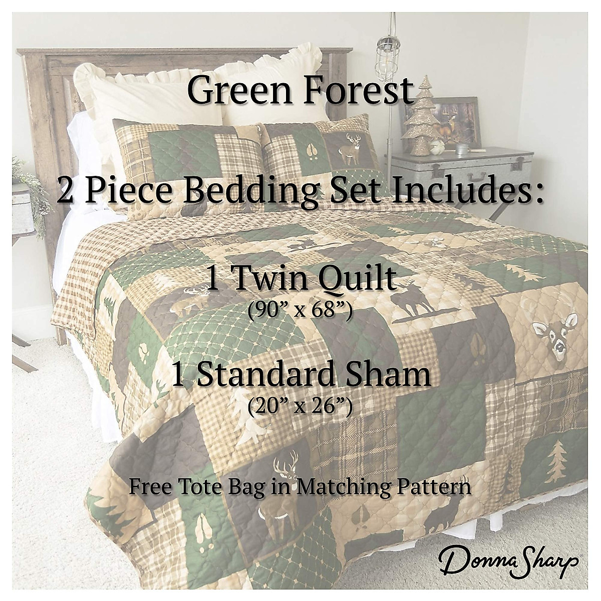 Donna Sharp Twin Bedding Set - 2 Piece - Green Forest Lodge Quilt Set with Twin Quilt and One Standard Pillow Sham - Machine Washable