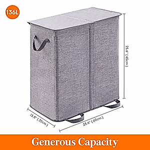 Lifewit Double Laundry Hamper with Lid and Removable Laundry Bags, Large Collapsible 2 Dividers Dirty Clothes Basket with Handles for Bedroom, Laundry Room, Closet, Bathroom, College, Grey