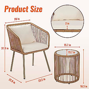 3-Piece Outdoor PE Rattan Bistro Furniture Set Patio Rattan Conversation Set Patio Furniture Set Glass Coffee Table Top and 2 Chairs with Cushions Lumbar Pillows for Yard Garden Porch Bistro, White