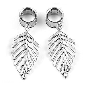 Pierced Republic Hanging Metal Feather Ear Gauges - Pair of Stainless Steel Screw-On Plugs - 6 Size Options (9/16" (14mm))