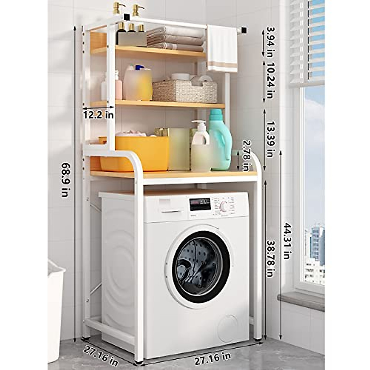 Washing Machine Rack Toilet/Washing Machine Storage Rack 3 Tier Laundry Room Shelf Above, 3 Tier Laundry Room Rack, Washer Storage Utility Rack, Adjustable Bathroom Organization Space Saving