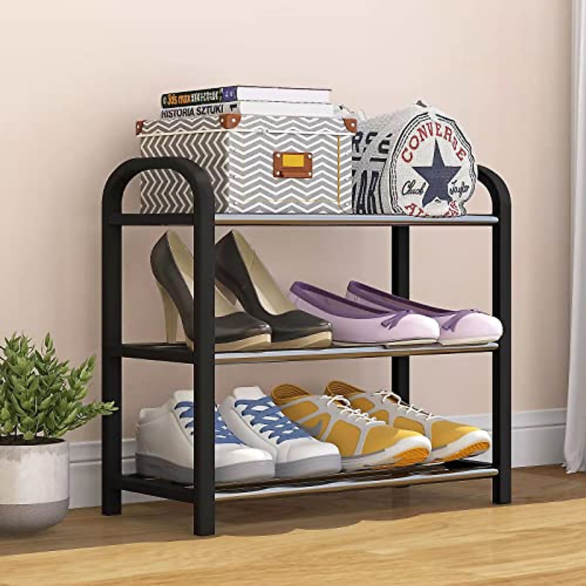 Small Shoe Rack，3-Tier Shoes Shelf Storage Multifunctional Lightweight Organizer Sturdy Metal Stackable Stand Footwear for Closet Living Room Bedroom bathroom(3 Tier Black Shoe Rack)